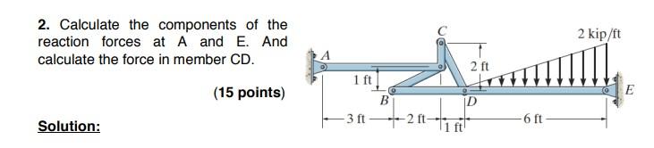 Solved 2 kip/ft 2. Calculate the components of the reaction | Chegg.com