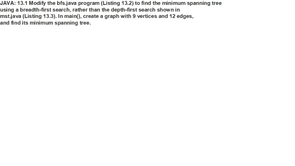 JAVA: 13.1 Modify the bfs.java program (Listing 13.2) | Chegg.com