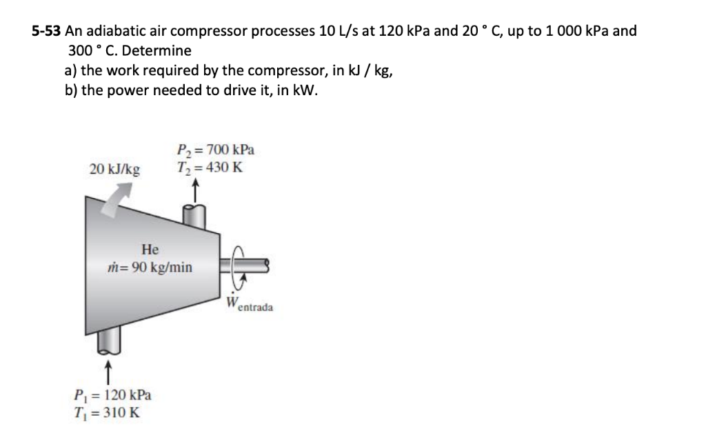 Solved 5-53 An adiabatic air compressor processes 10 L/s at | Chegg.com