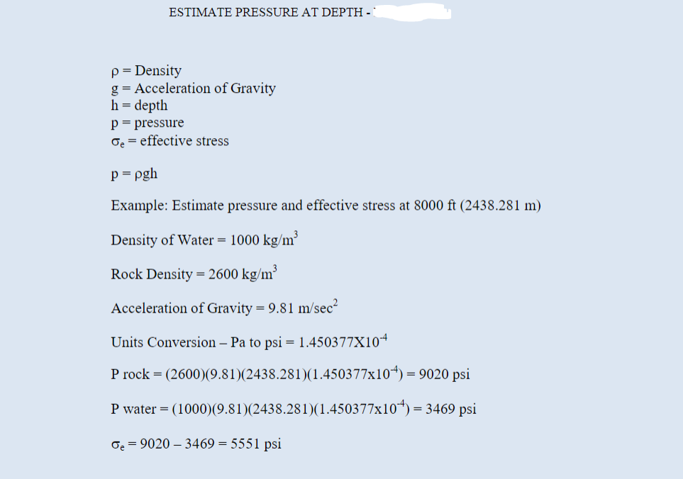 Solved ESTIMATE PRESSURE AT DEPTH- p= Density g= | Chegg.com