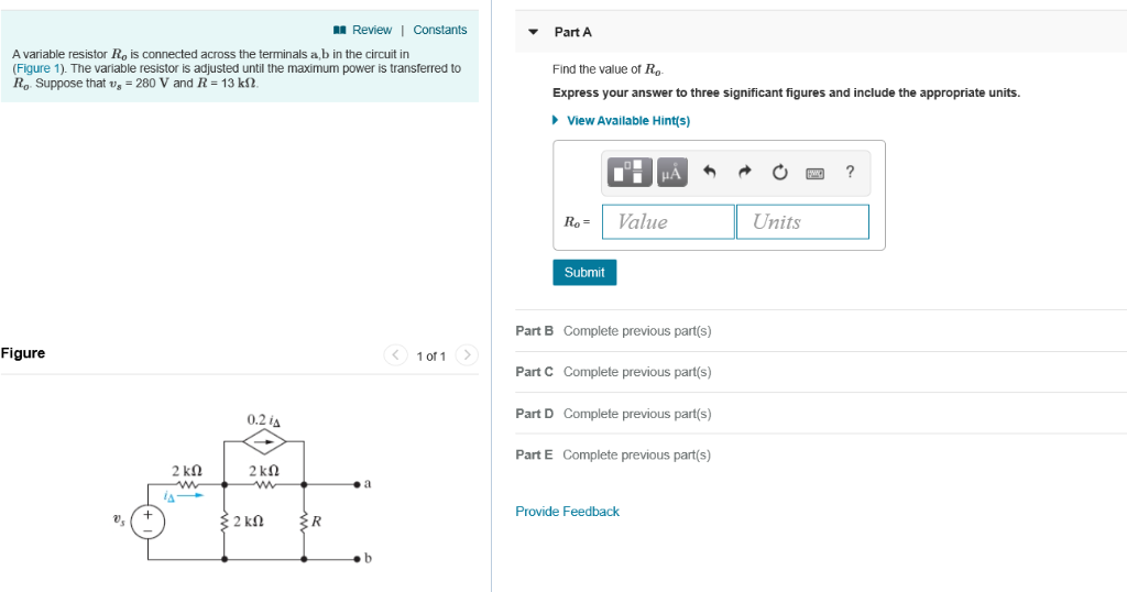 Solved Review Constants Part A A variable resistor Ro is | Chegg.com