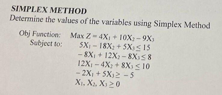 Solved SIMPLEX METHOD Determine the values of the variables | Chegg.com