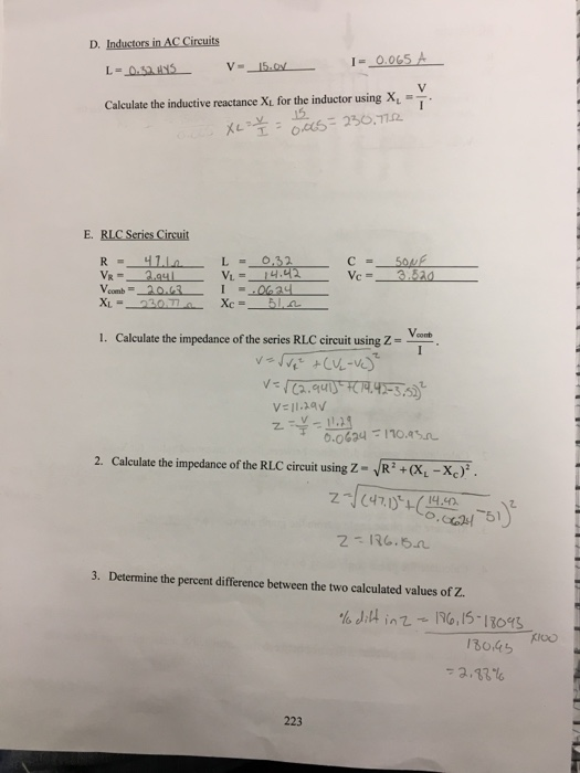 Solved D. Calculate the inductive reactance Xt for the | Chegg.com