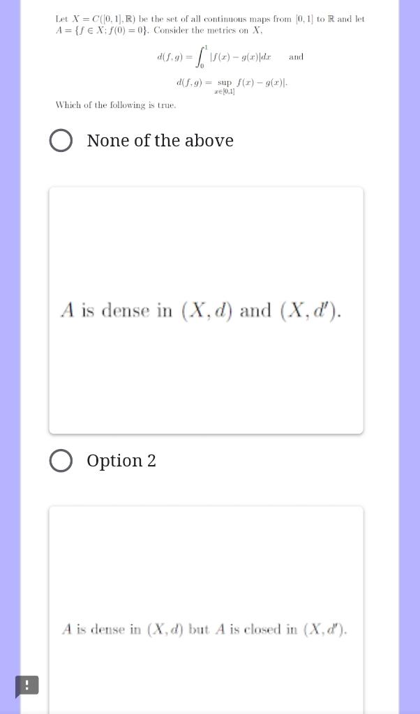 Solved 1. A is dense in (X,d) and (X,d') 2. A dense in | Chegg.com