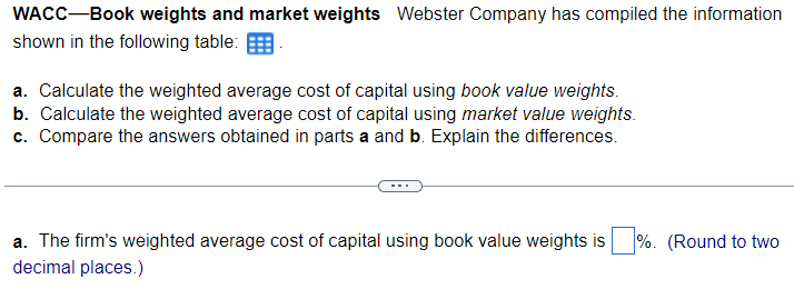 Solved WACC-Book weights and market weights Webster Company | Chegg.com