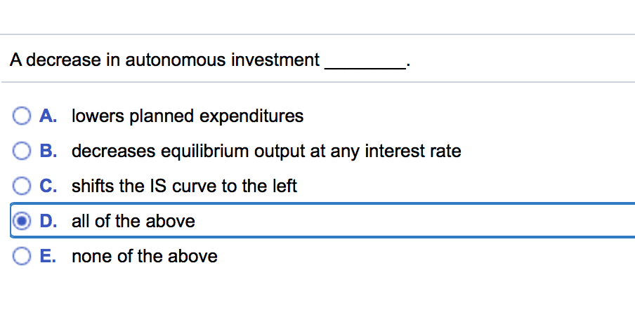 Solved A decrease in autonomous investment A. lowers planned | Chegg.com