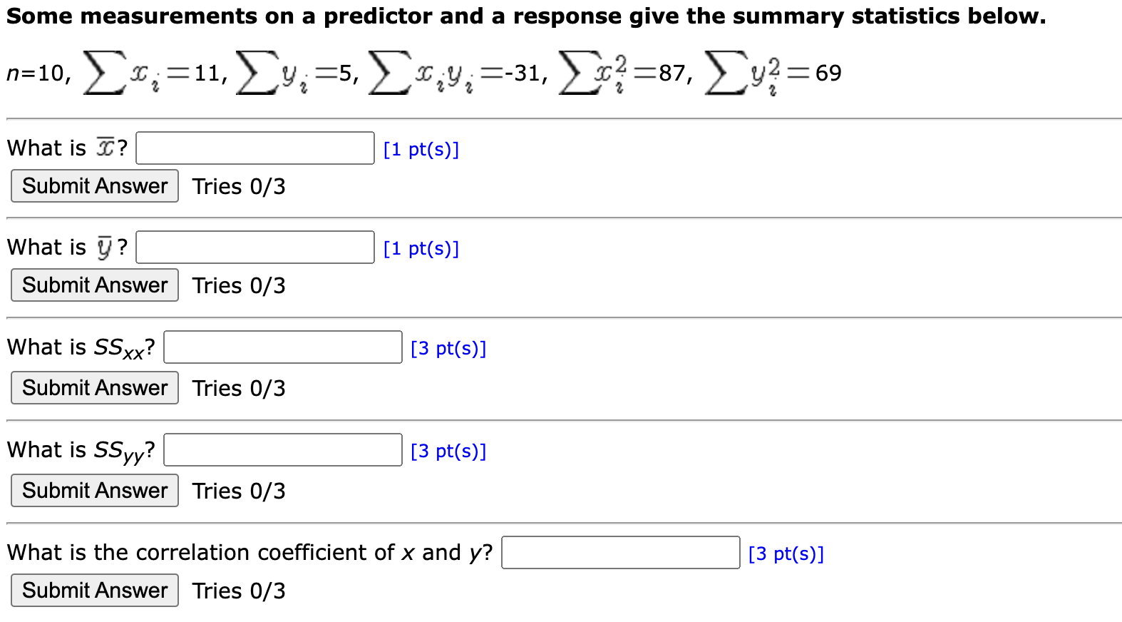Solved Some measurements on a predictor and a response give | Chegg.com