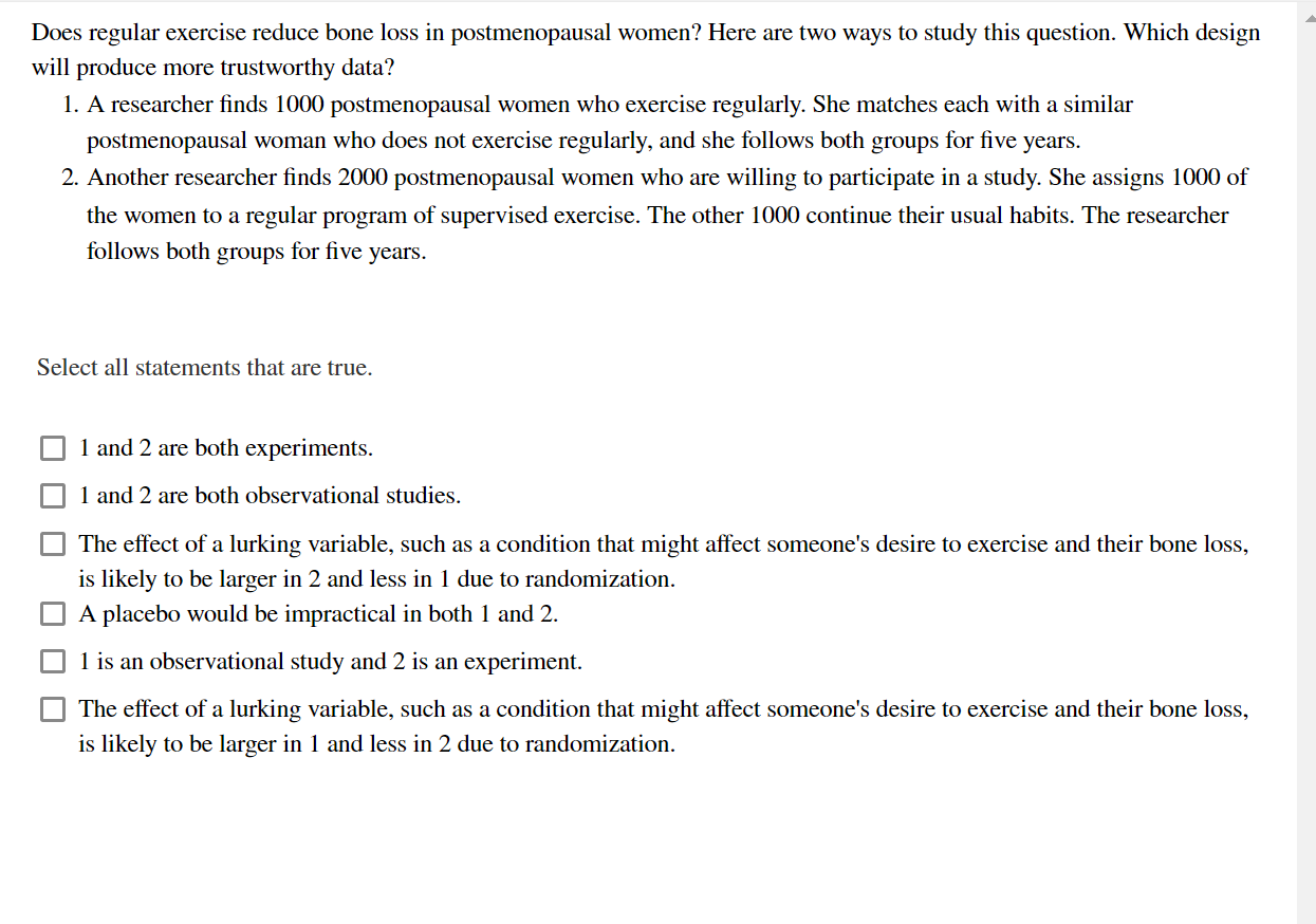 Solved Does regular exercise reduce bone loss in | Chegg.com