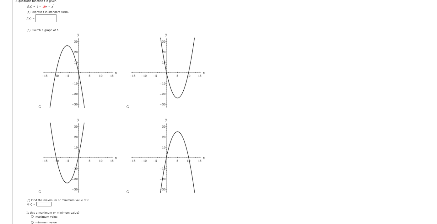 Solved A quadratic function is given. fx) 1 - 10x - X2 (a) | Chegg.com