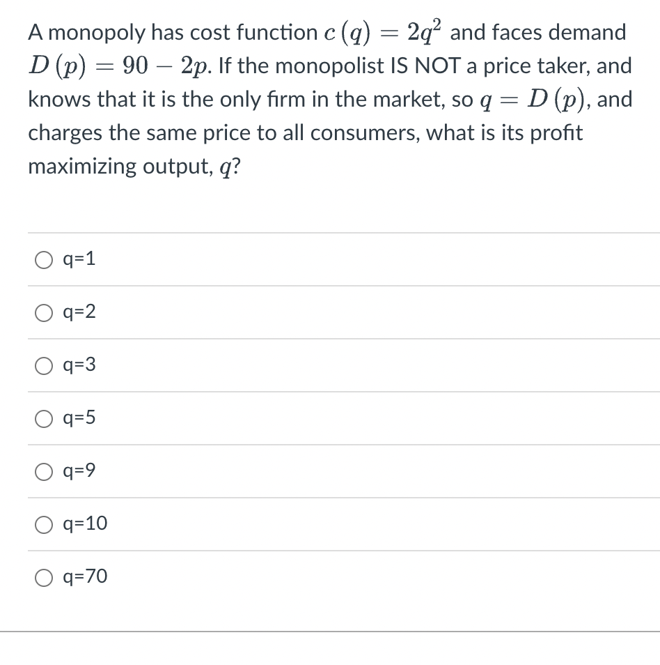 Solved A monopoly has cost function c(q)=2q2 ﻿and faces | Chegg.com