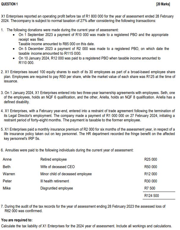 Solved QUESTION 1 [20 ﻿Marks] ﻿X1 ﻿Enterprises reported an | Chegg.com