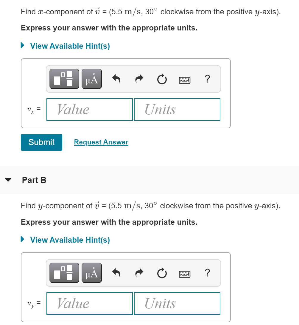 Solved Find x-component of = (5.5 m/s, 30° clockwise from | Chegg.com