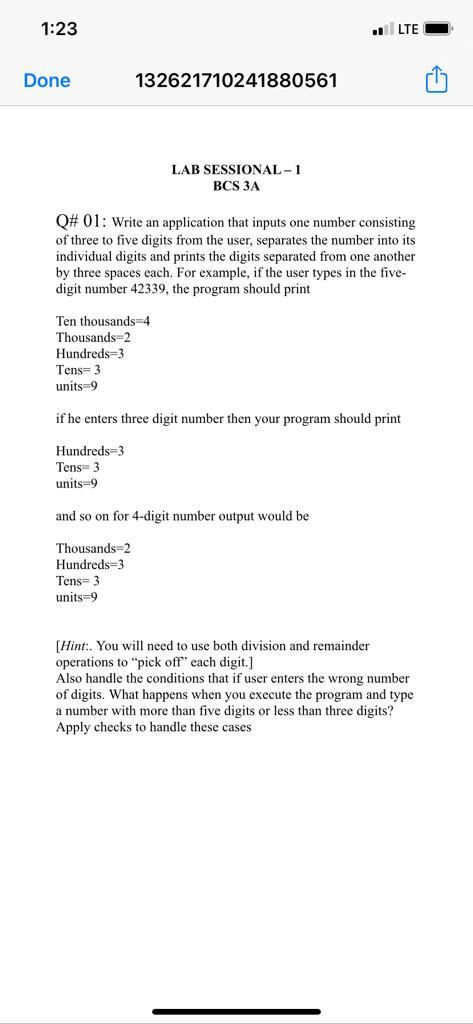 Solved 1:23 LTE Done 132621710241880561 LAB SESSIONAL-1 BCS | Chegg.com