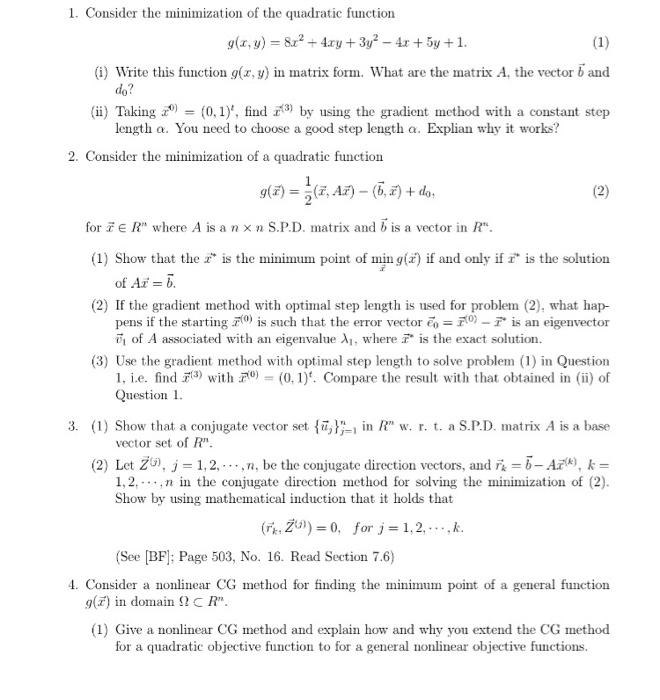 Solved 1. Consider the minimization of the quadratic | Chegg.com