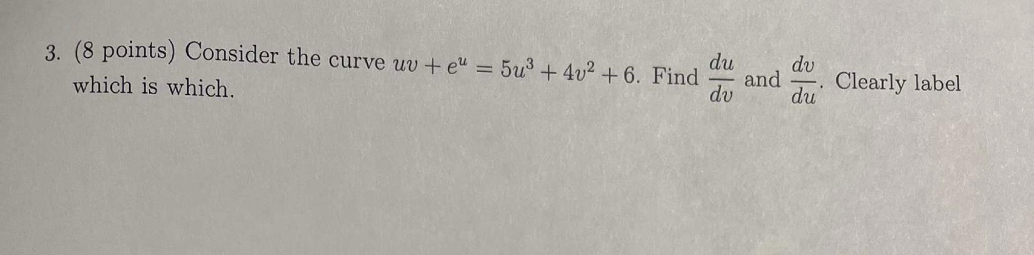 Solved 3. (8 points) Consider the curve uv+eu=5u3+4v2+6. | Chegg.com