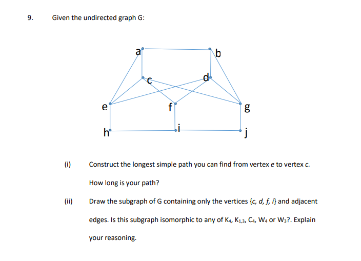 Solved 9. Given the undirected graph G: )Construct the | Chegg.com