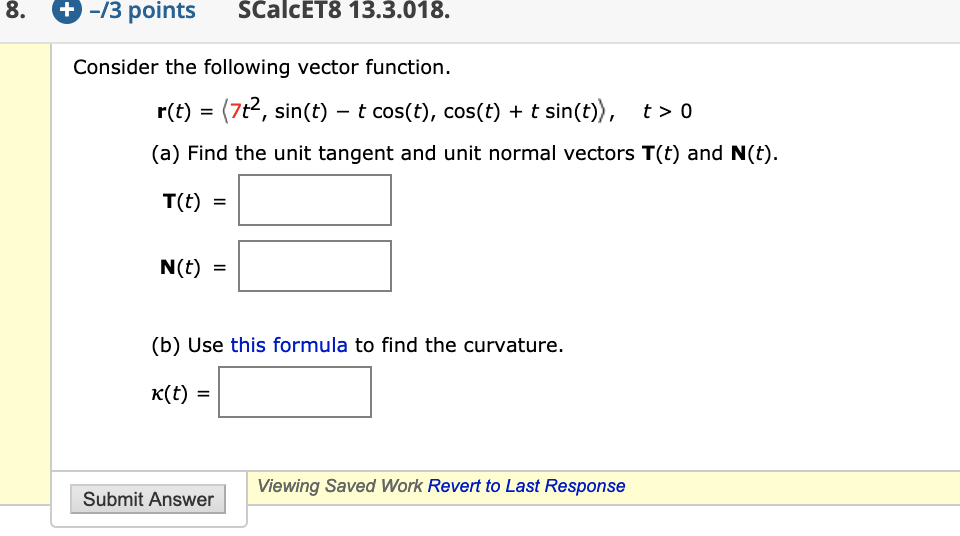 Solved -13 points 8 SCalcET8 13.3.018. Consider the | Chegg.com
