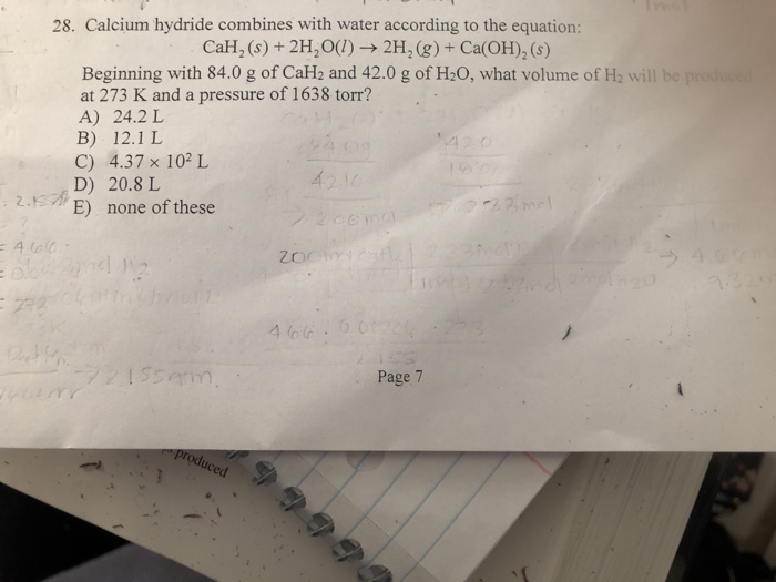 Solved 28. Calcium hydride combines with water according to | Chegg.com