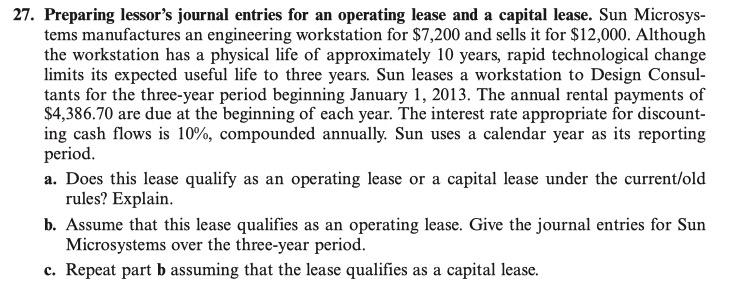 Solved 27. Preparing lessor's journal entries for an | Chegg.com
