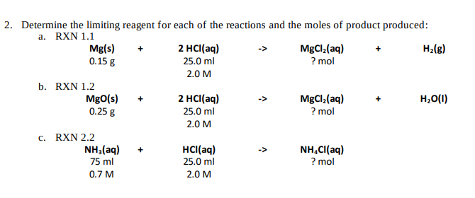 Solved Determine the limiting reagent for each of the | Chegg.com