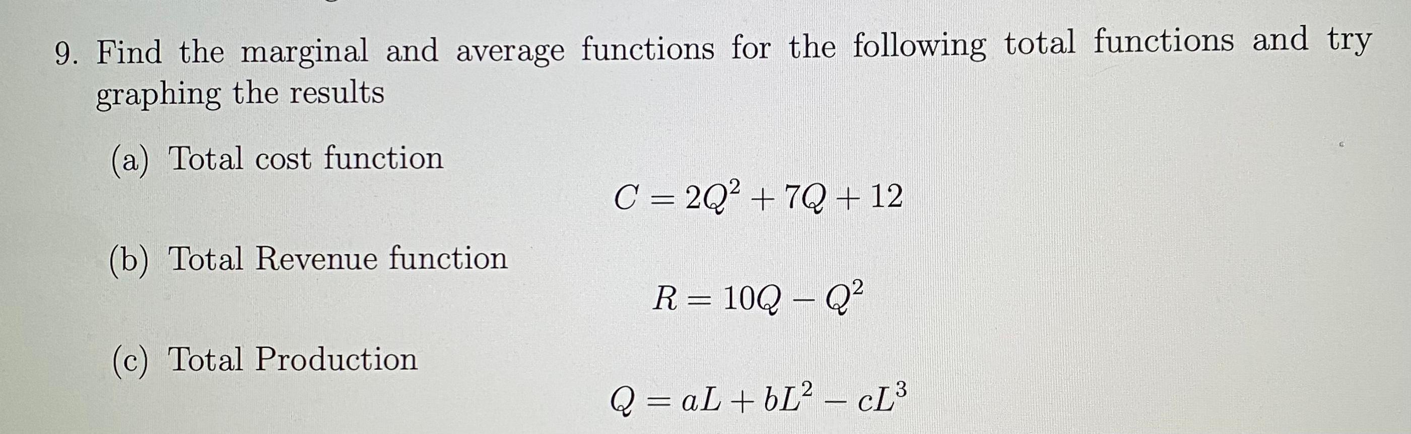 Solved 9. Find the marginal and average functions for the | Chegg.com