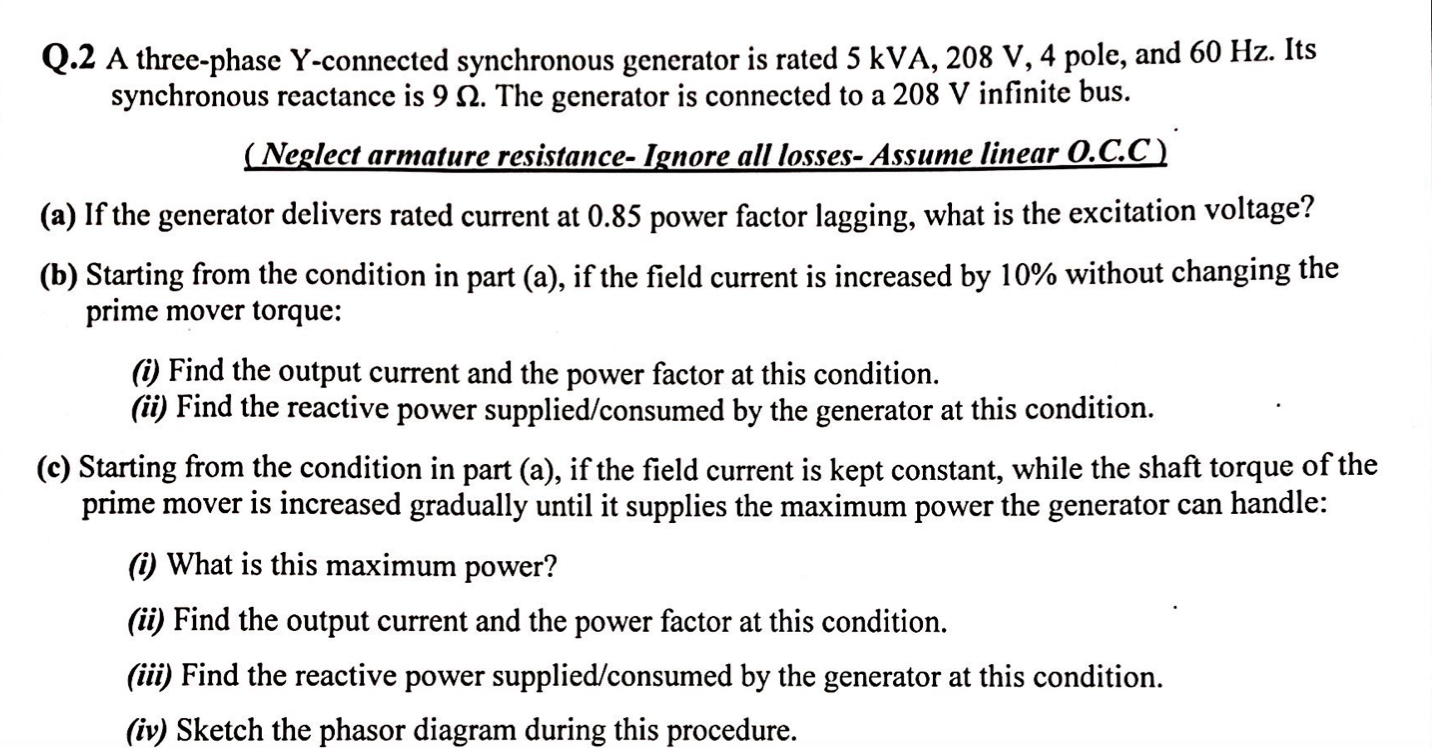 Solved Q.2 A three-phase Y-connected synchronous generator | Chegg.com