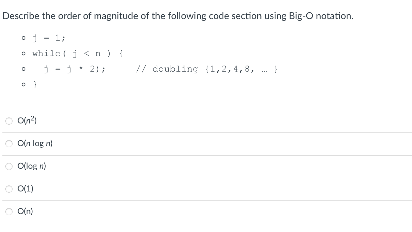 Describe the order of magnitude of the following code | Chegg.com