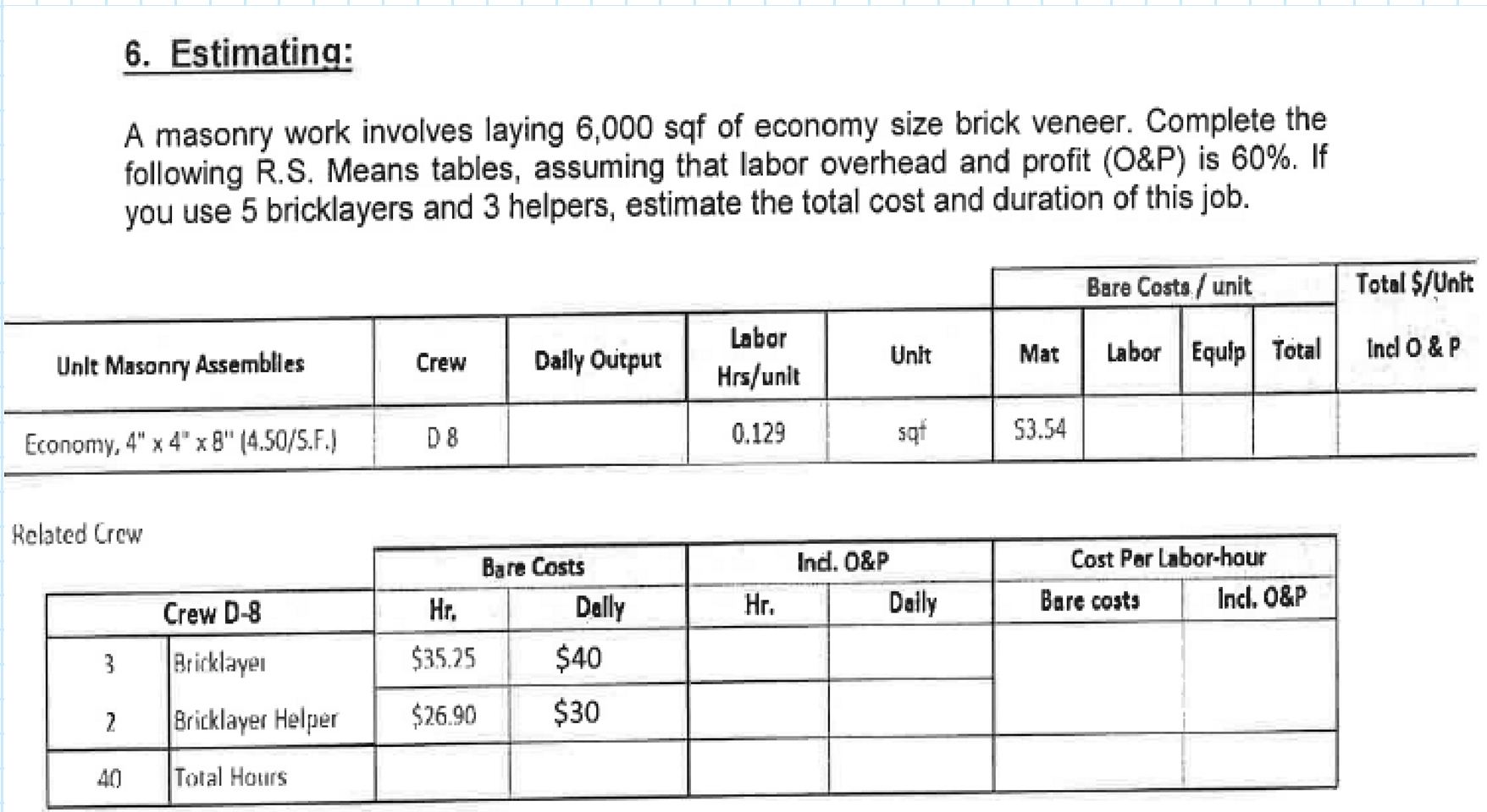 6. Estimating: A masonry work involves laying 6,000 | Chegg.com