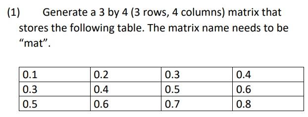 Solved (1) Generate a 3 by 4 (3 rows, 4 columns) matrix that | Chegg.com