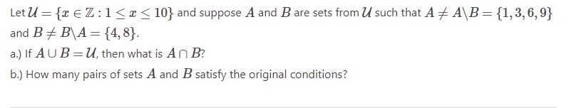 Solved Let U={x∈Z:1≤x≤10} and suppose A and B are sets from | Chegg.com
