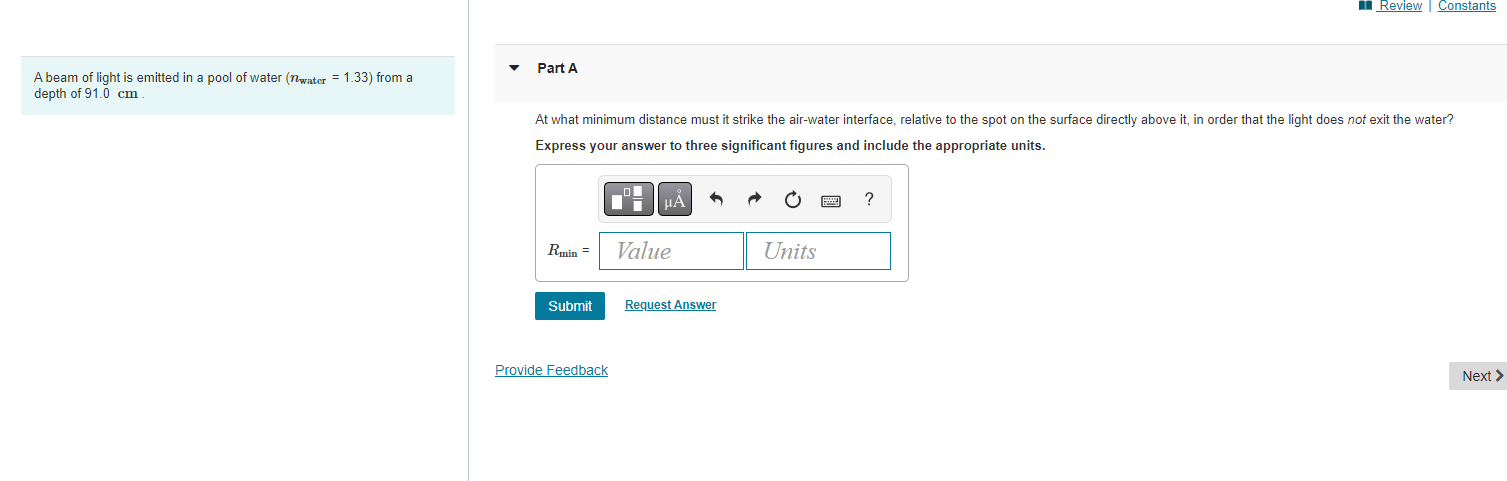 Solved A beam of light is emitted in a pool of water (nwater | Chegg.com