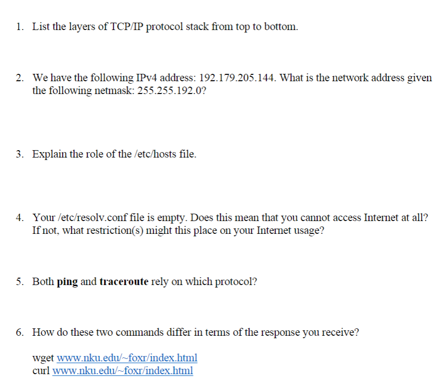 Solved 1. List the layers of TCP/IP protocol stack from top | Chegg.com