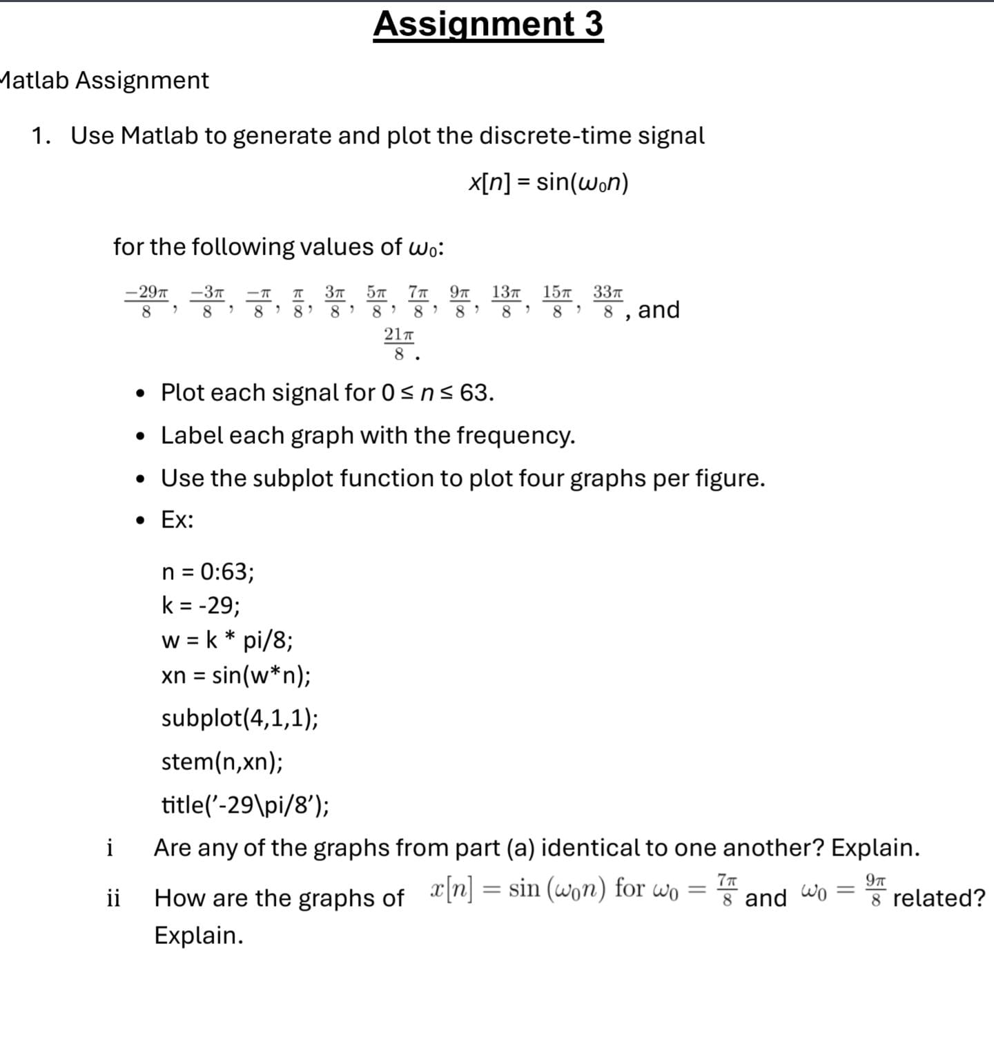 Assignment 31atlab AssignmentUse Matlab to ﻿generate | Chegg.com