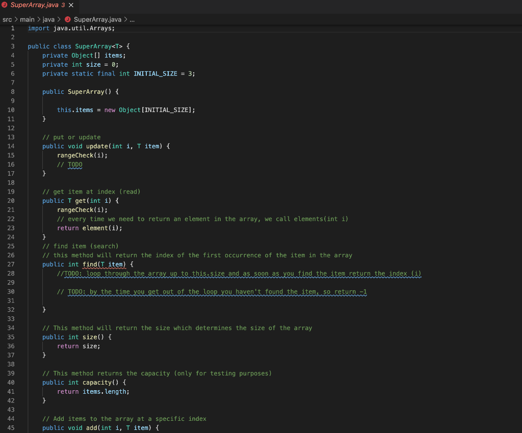 Solved SuperArray.java 3 x src > main > java > | Chegg.com