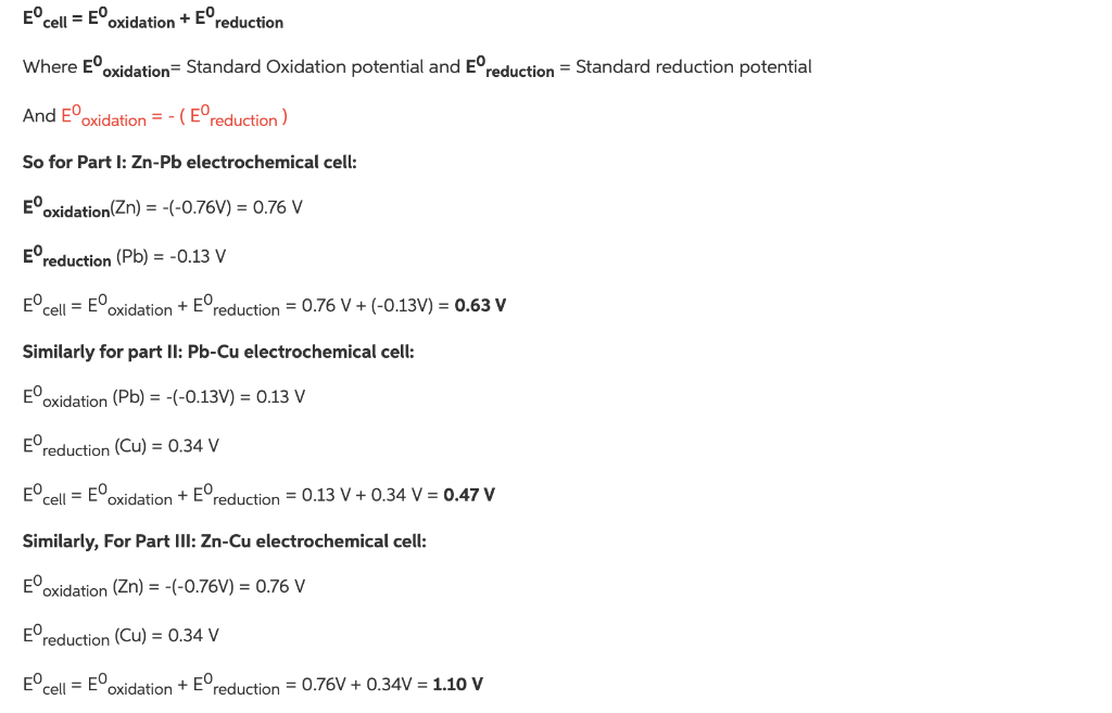 Solved E cell = EO oxidation + E reduction Where | Chegg.com
