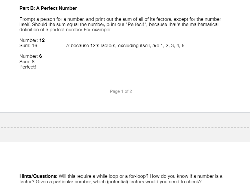 Solved Part B: A Perfect Number Prompt a person for a | Chegg.com