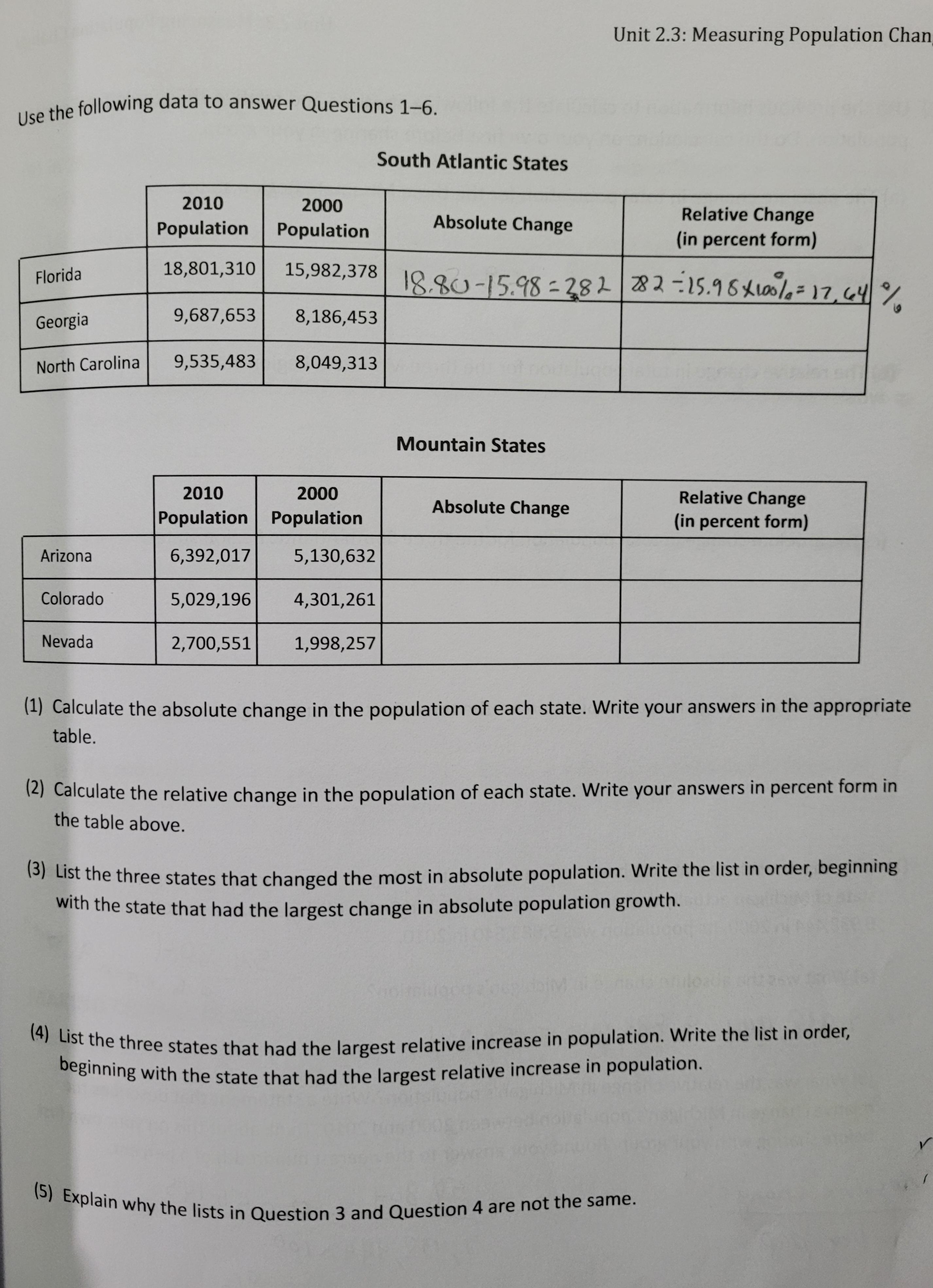 Solved Unit 2.3: Measuring Population Chan Use the following | Chegg.com
