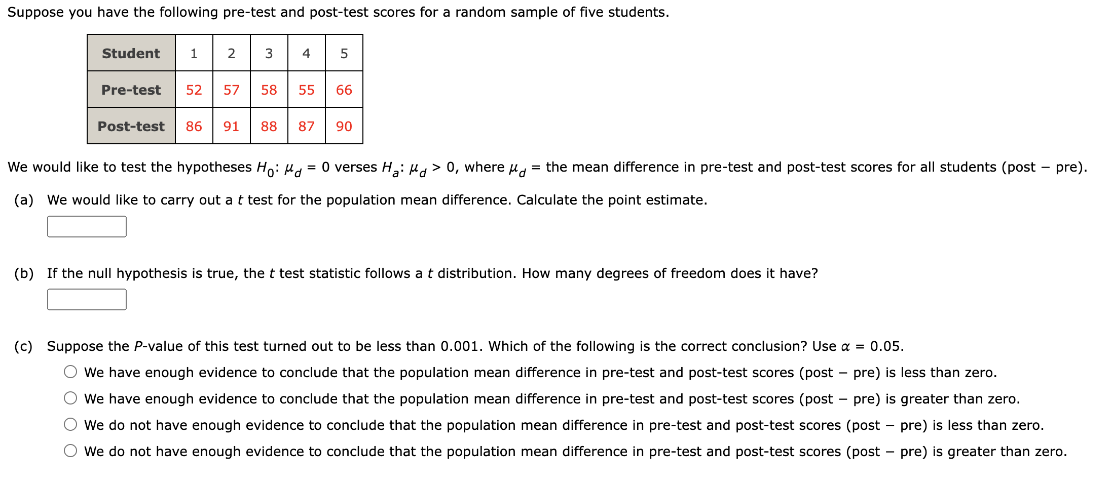 Solved Suppose you have the following pre-test and post-test | Chegg.com