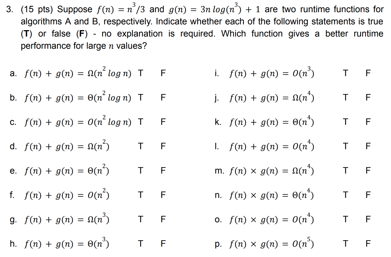 Solved = 3. (15 pts) Suppose f(n) = n°/3 and g(n) 3n log(n) | Chegg.com