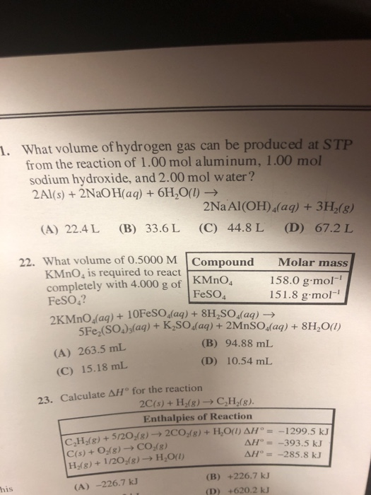 Solved . What volume of hydrogen gas can be produced at STP | Chegg.com