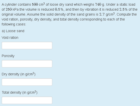 Solved A cylinder contains 500 cm3 of loose dry sand which | Chegg.com