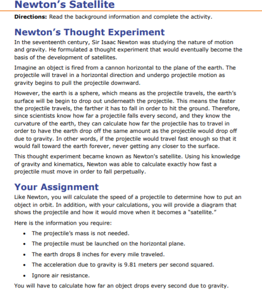 Solved Newton's Satellite Directions: Read the background | Chegg.com