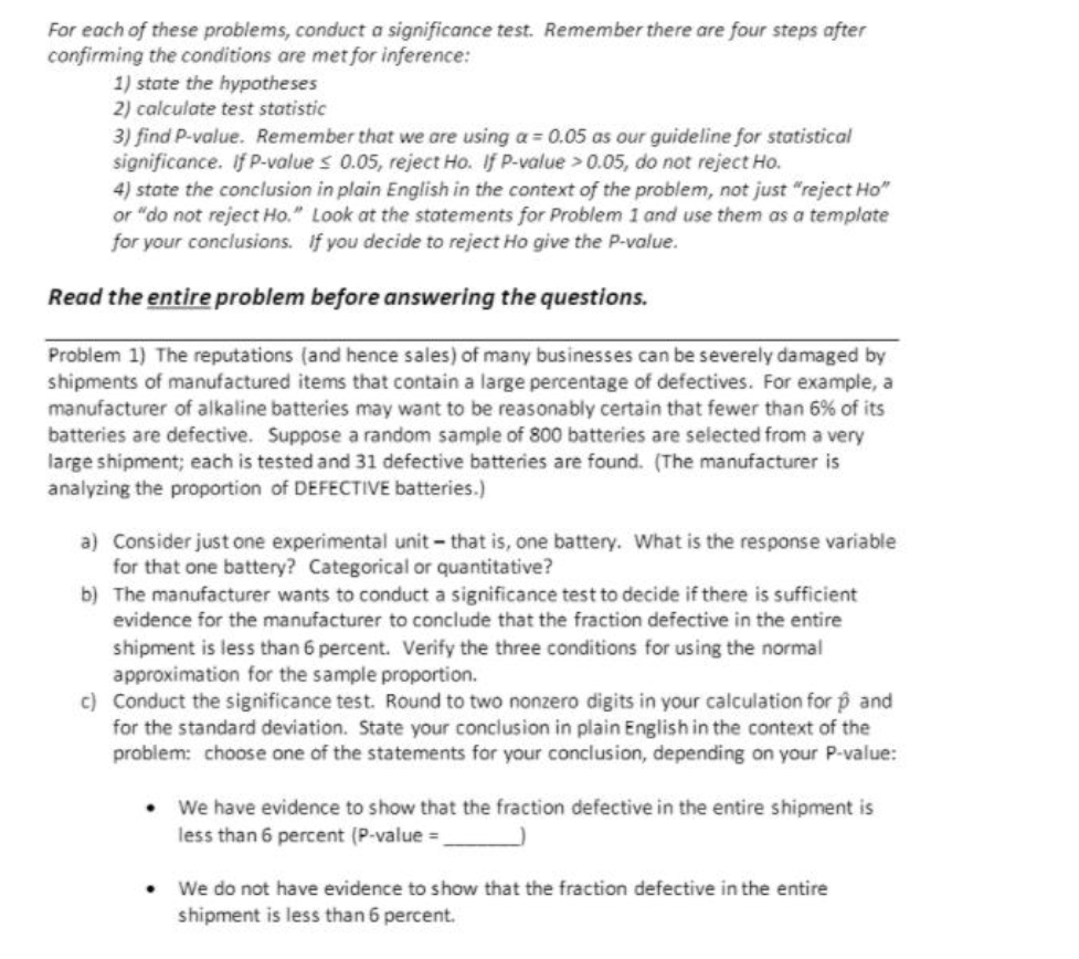 Solved For each of these problems, conduct a significance | Chegg.com