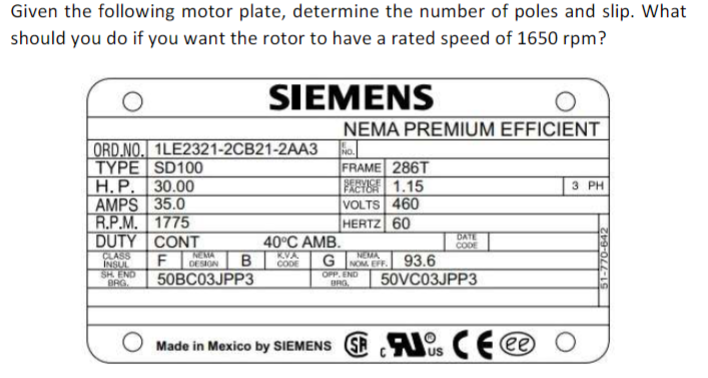 Solved Given the following motor plate, determine the number | Chegg.com