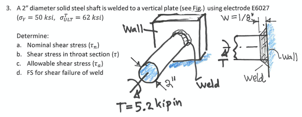 Solved 3. A 2" diameter solid steel shaft is welded to a | Chegg.com