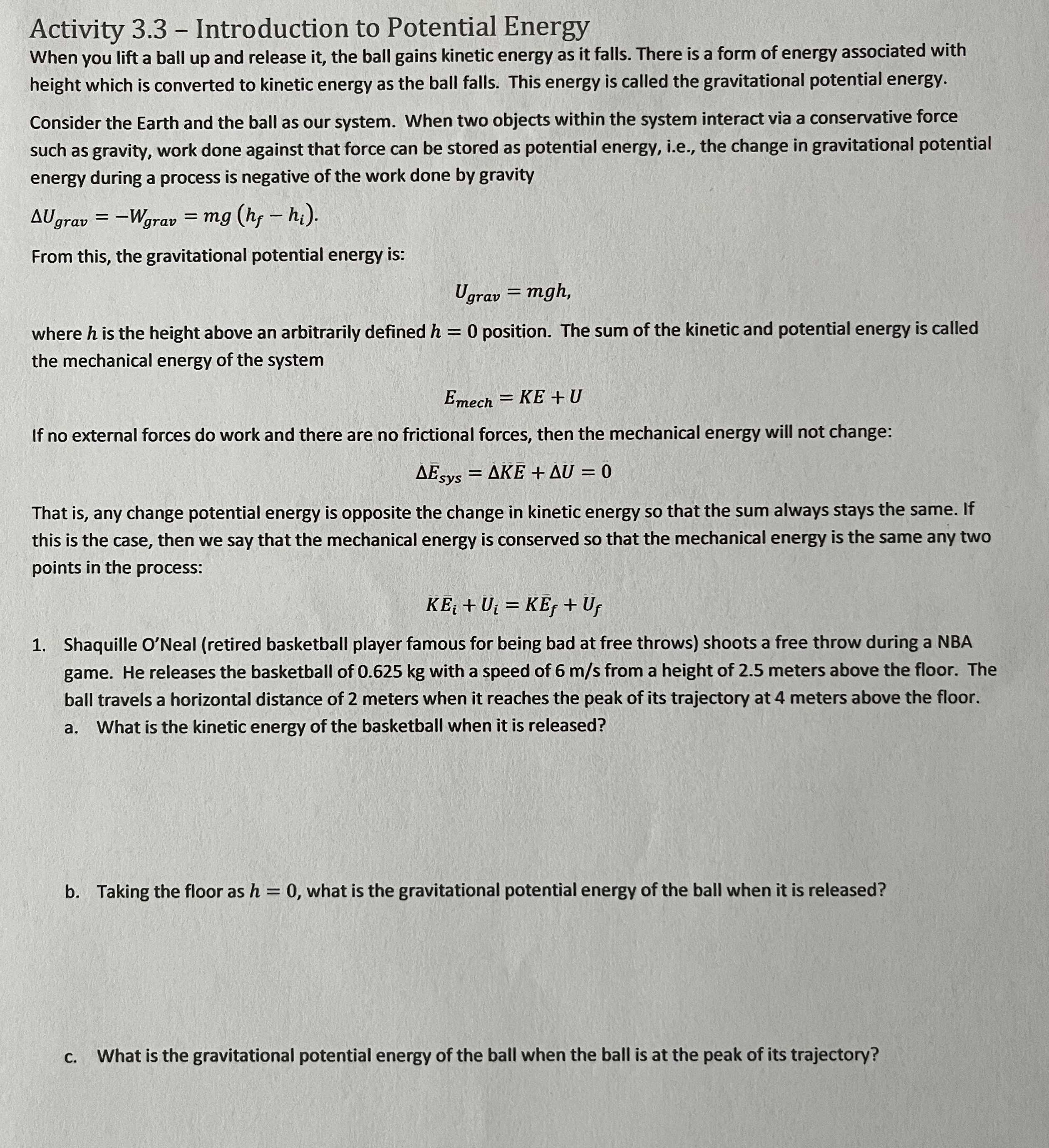 Activity 3.3 - Introduction to Potential Energy When | Chegg.com