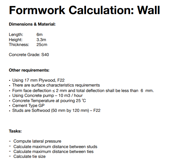 Solved Formwork Calculation: Wall Dimensions & Material: | Chegg.com