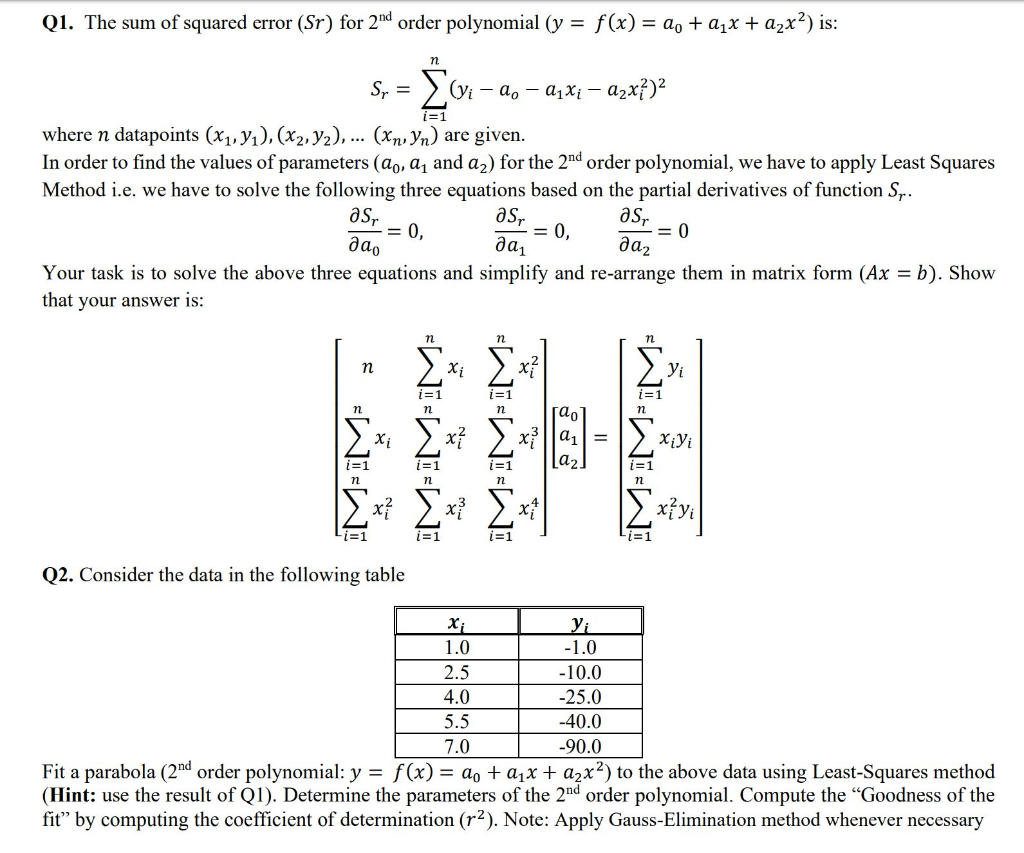 Solved Q1. The sum of squared error (Sr) for 2nd order | Chegg.com