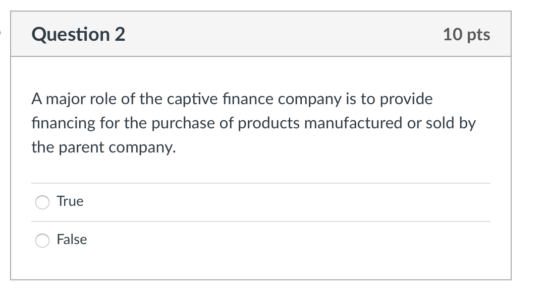Solved Question 2 10 pts A major role of the captive finance | Chegg.com