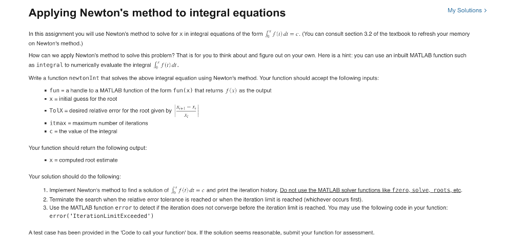 Solved Applying Newton's method to integral equations My | Chegg.com
